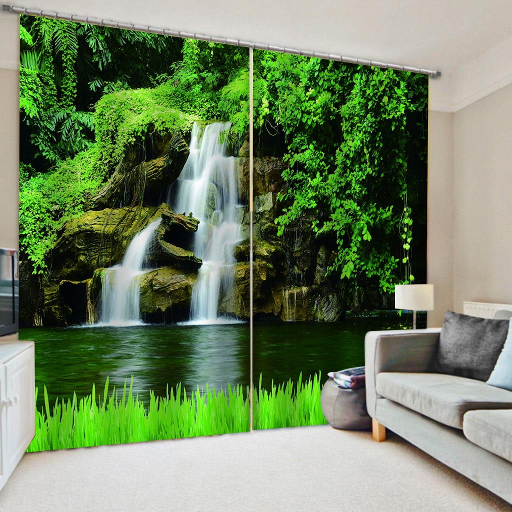 2 Panels Green Forest Waterfall Natural Scenery Curtains for Bedroom ...