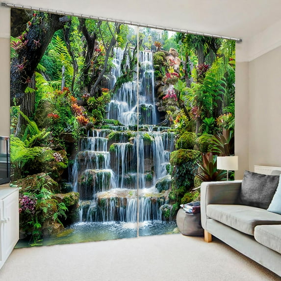 2 Panels Green Forest Waterfall Natural Scenery Curtains for Bedroom ...