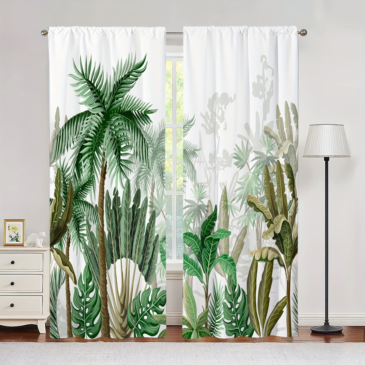 2 Panels Green Tropical Leaves Printed Curtain Rod Pocket Semi Blackout ...