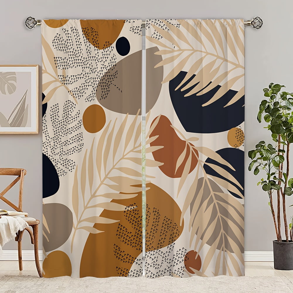 2 Panels Green Tropical Leaves Printed Curtain Rod Pocket Semi Blackout ...