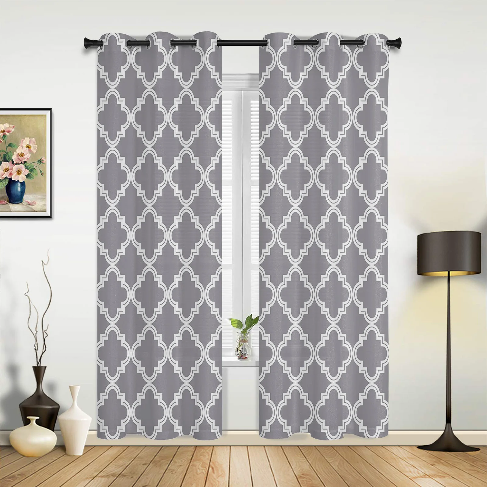 2 Panels Grey Moroccan Pattern Curtains for Bedroom Living Room Drapes ...