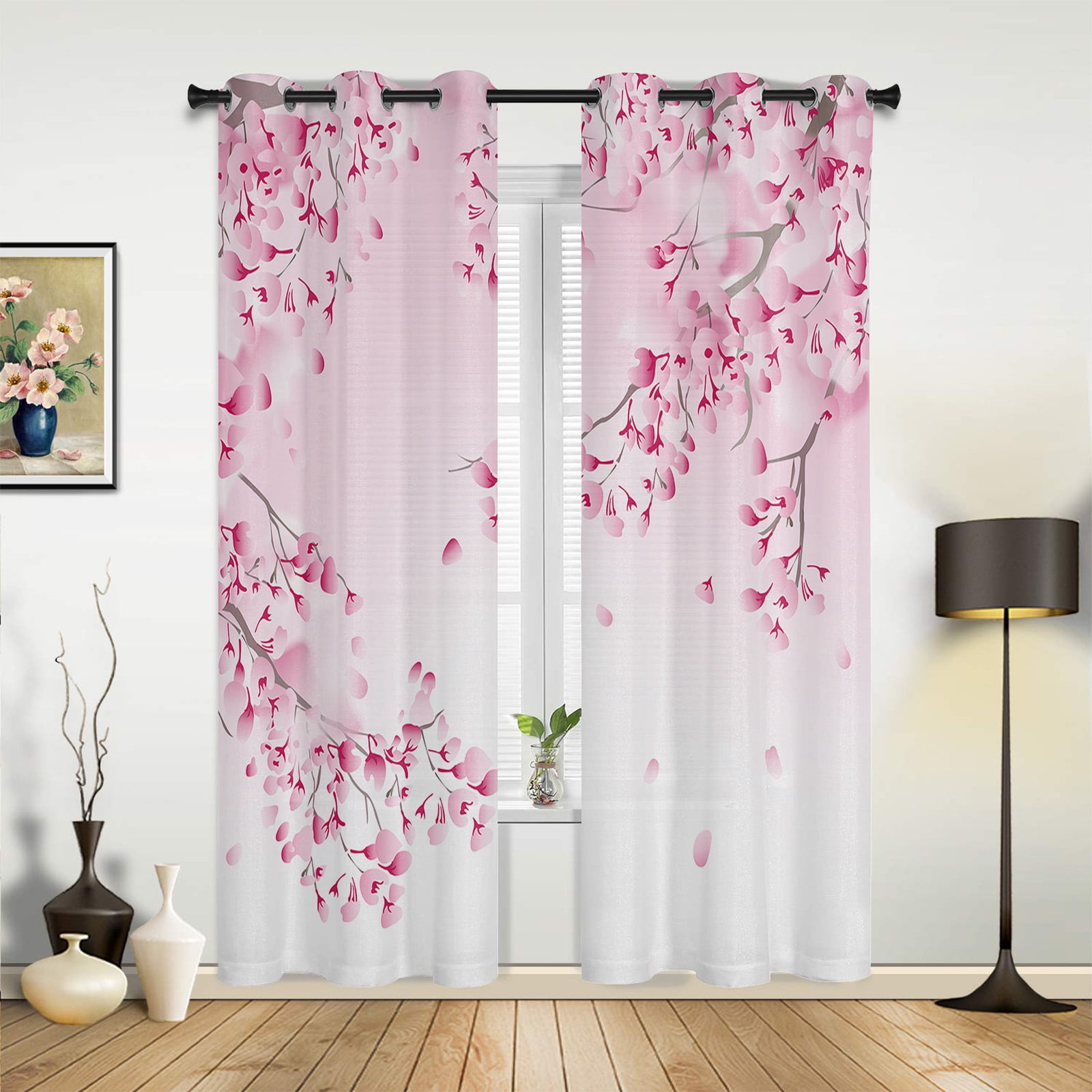 2 Panels Japanese Style Sakura Cherry Blossom Pink Flower Curtains for ...