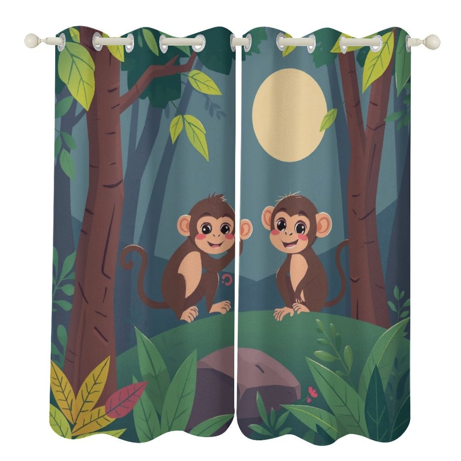 2 Panels Jungle Monkeys Night Curtains for Bedroom Living Room Drapes Kitchen Room Window ...