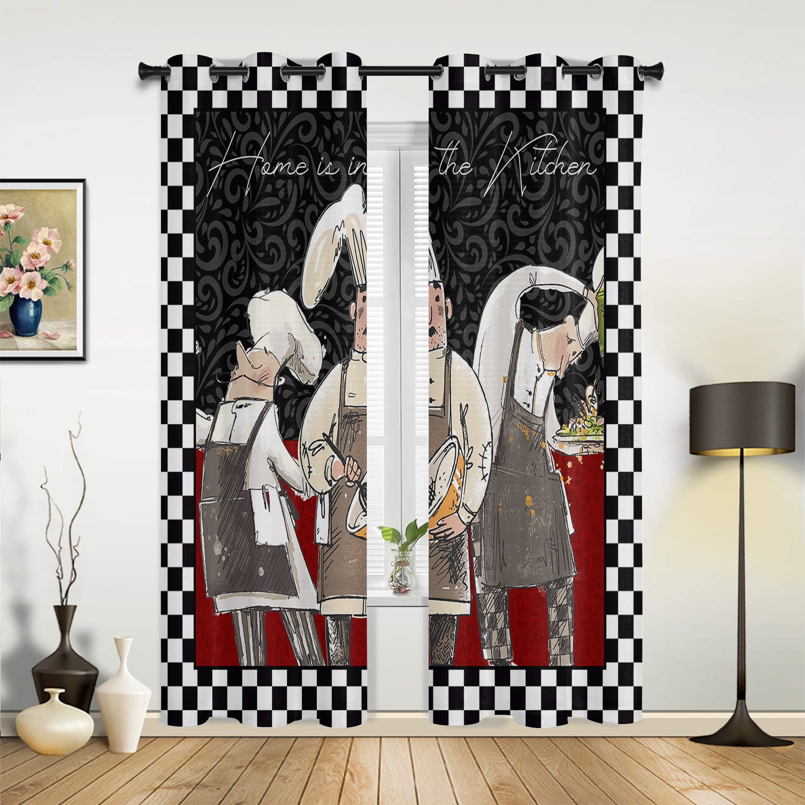 2 Panels Kitchen Cook Vegetables Meat Dessert Plaid Curtains for ...
