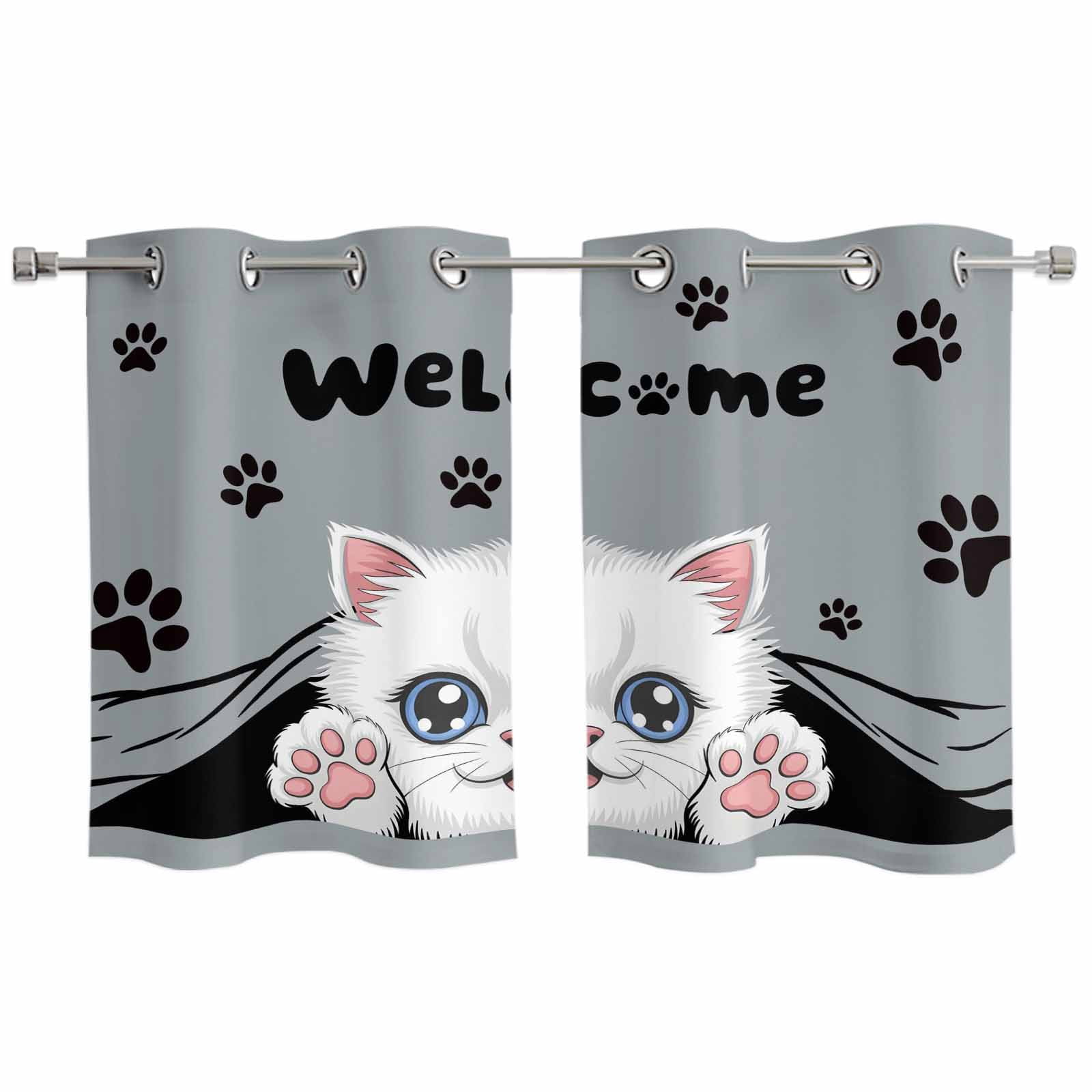 2 Panels Kitchen Tier Curtains 39 Inch Length, Cute Cats Grommets ...