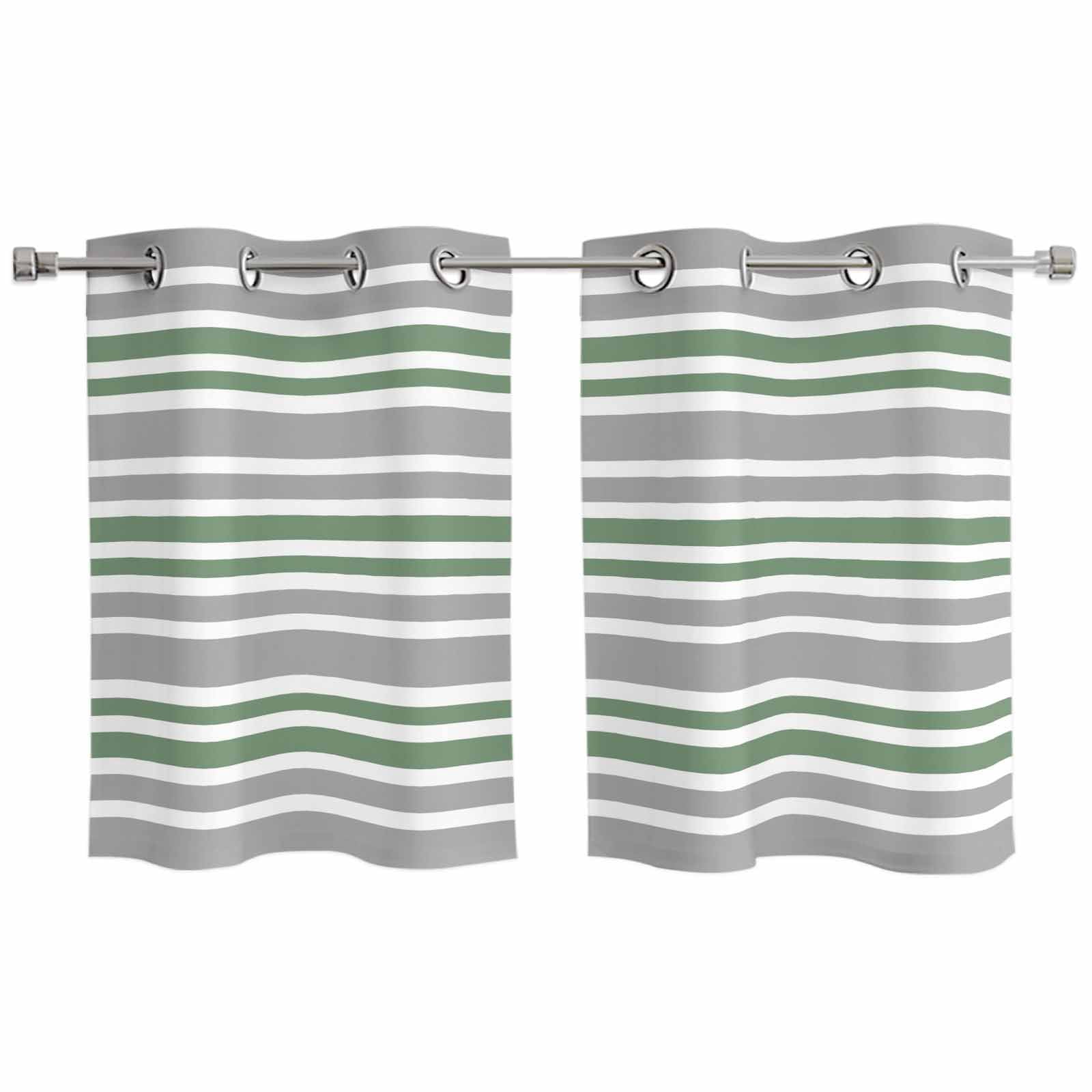 2 Panels Kitchen Tier Curtains 39 Inch Length, Sage Green Grey Striped ...