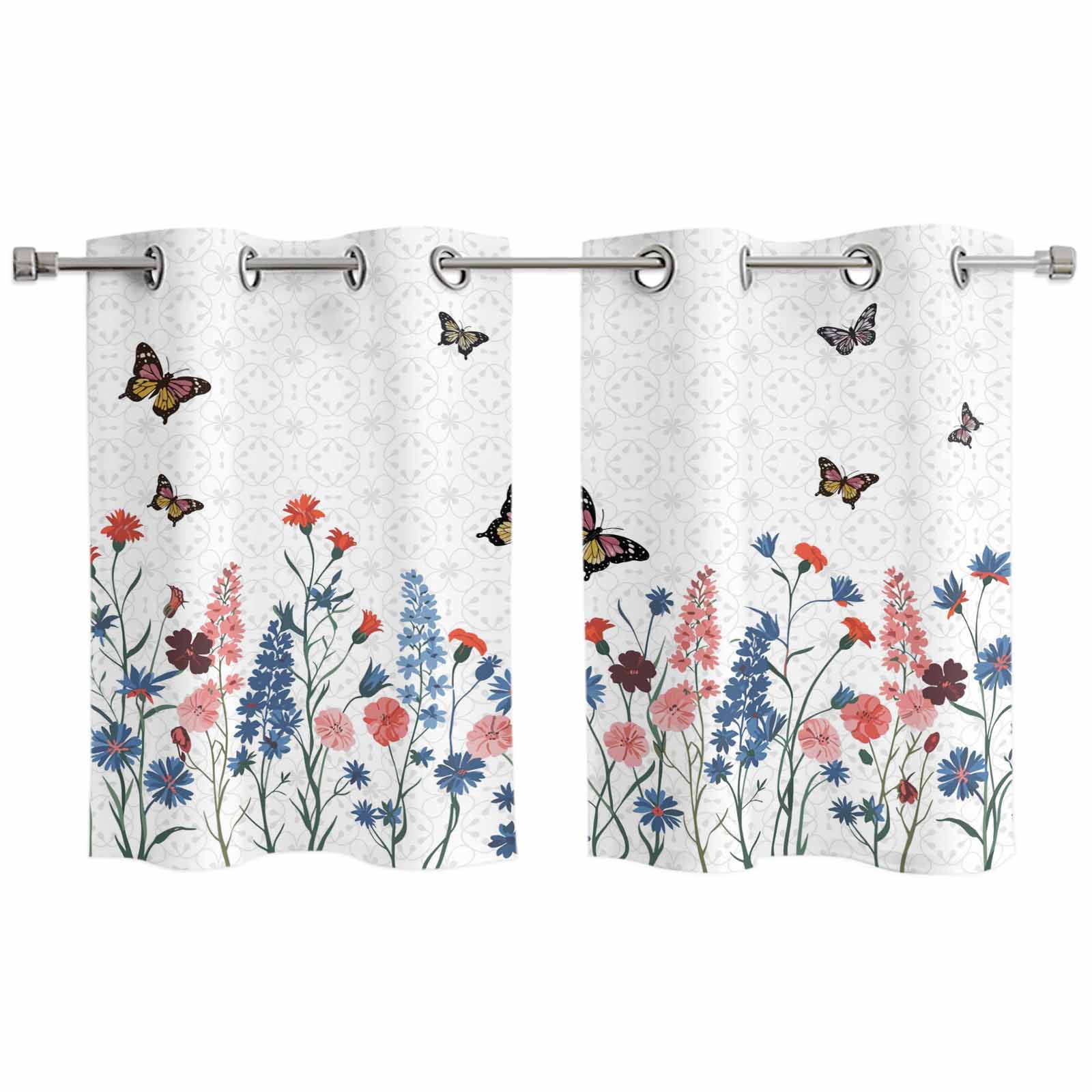 2 Panels Kitchen Tier Curtains 39 Inch Length, Spring Floral Butterfly ...