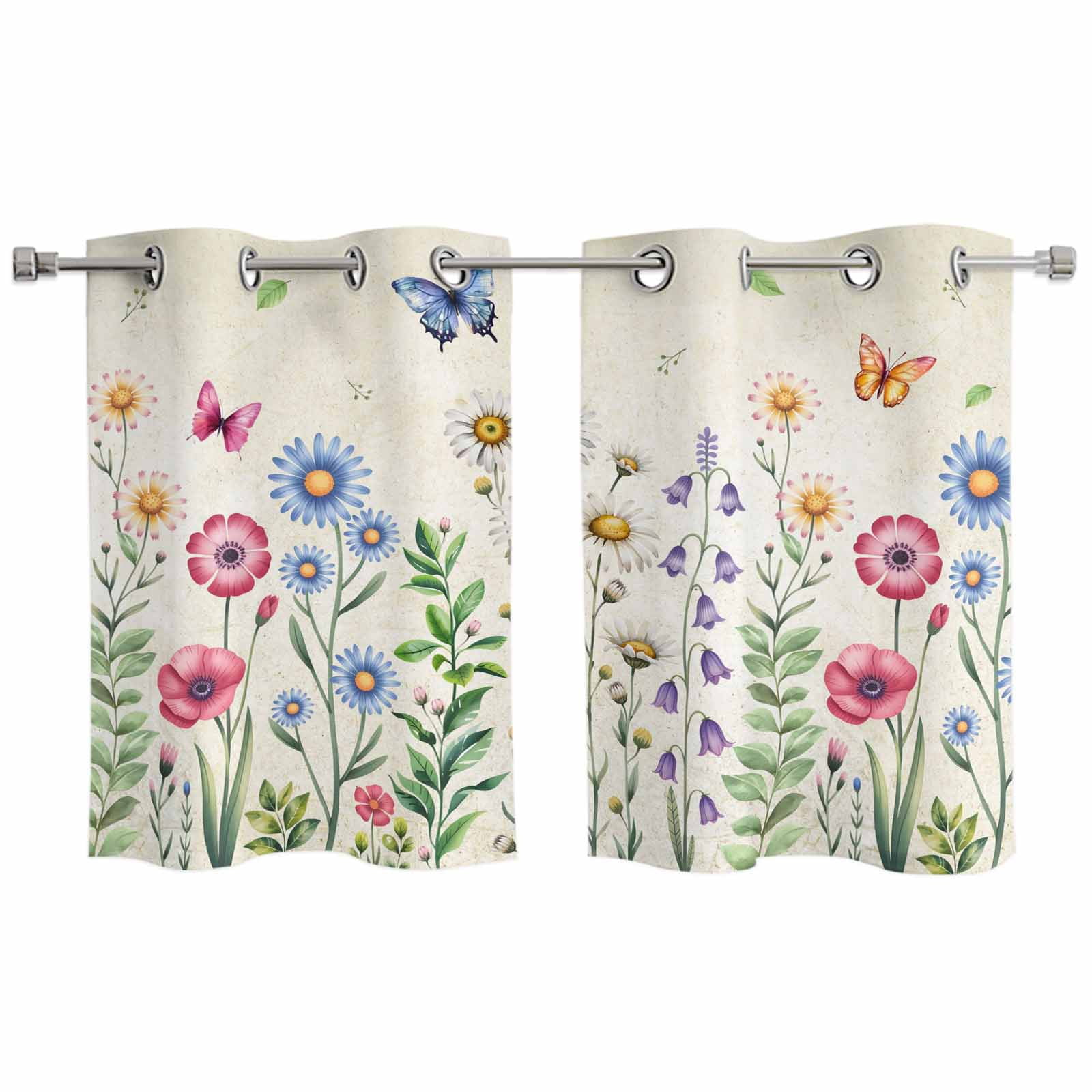 2 Panels Kitchen Tier Curtains 39 Inch Length, Spring Floral Grommets ...