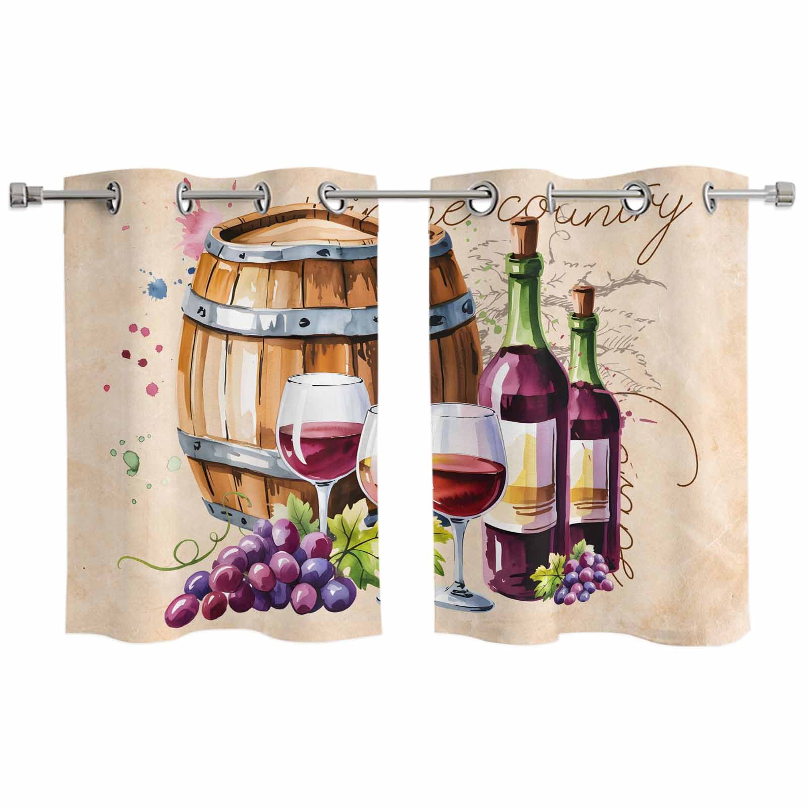 2 Panels Kitchen Tier Curtains 39 Inch Length, Vintage Watercolor Wine ...