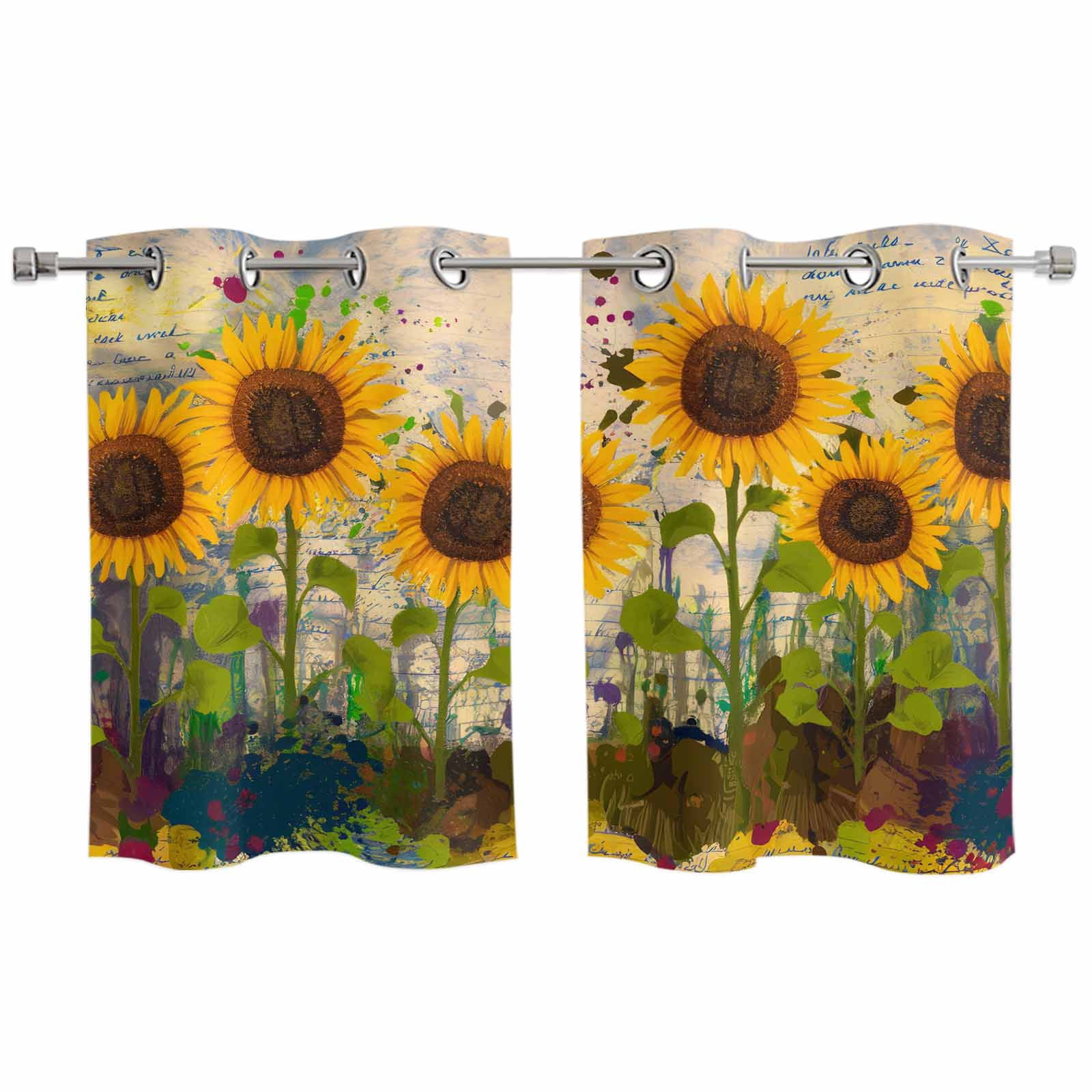 2 Panels Kitchen Tier Curtains 39 Inch Length, Watercolor Sunflowers ...