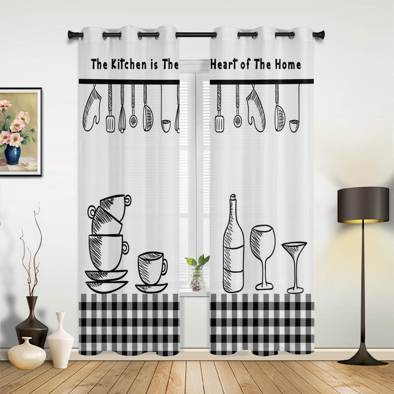 2 Panels Kitchen Utensils Plaid Black White Curtains for Bedroom Living ...