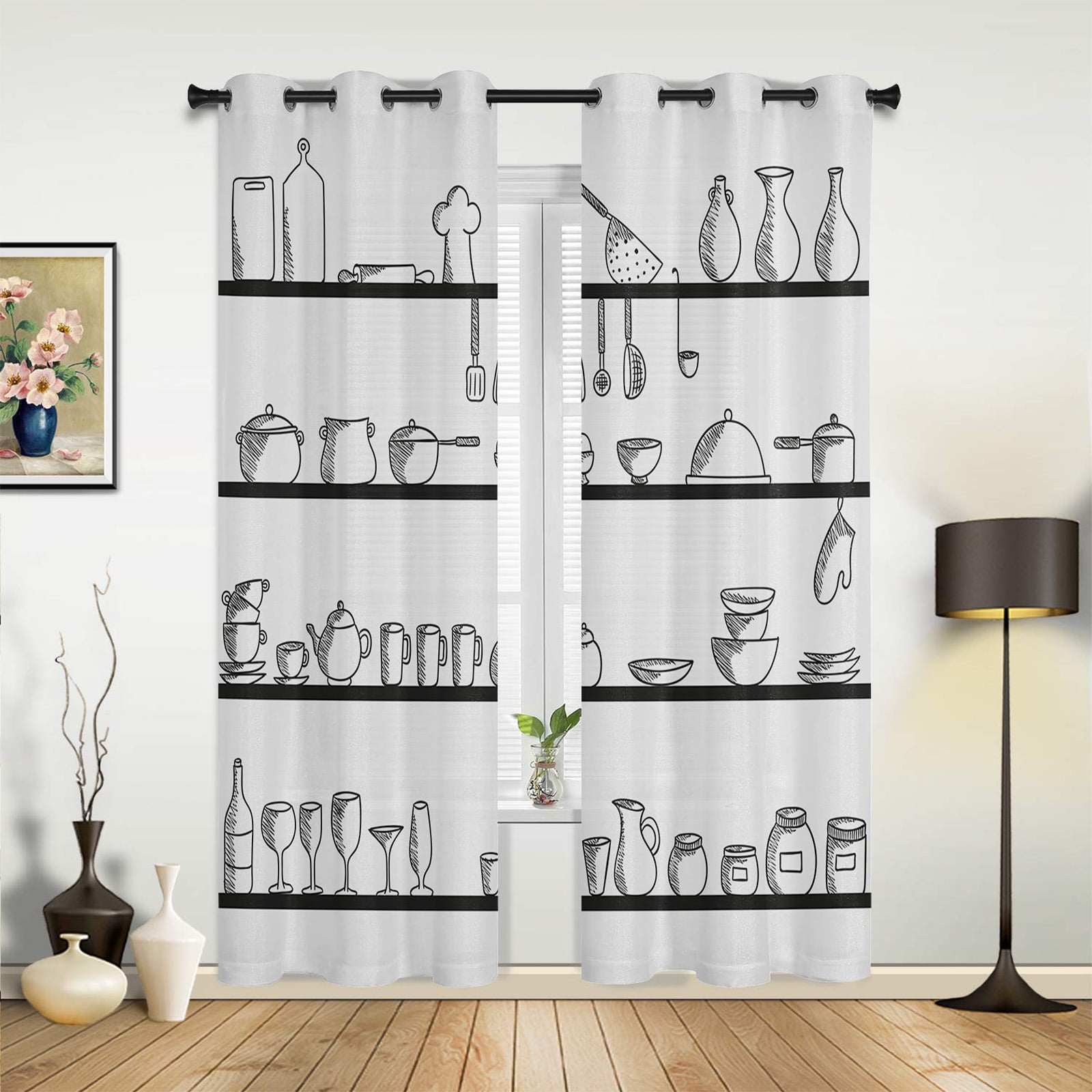 2 Panels Kitchen Utensils Plaid Black White Curtains for Bedroom Living ...