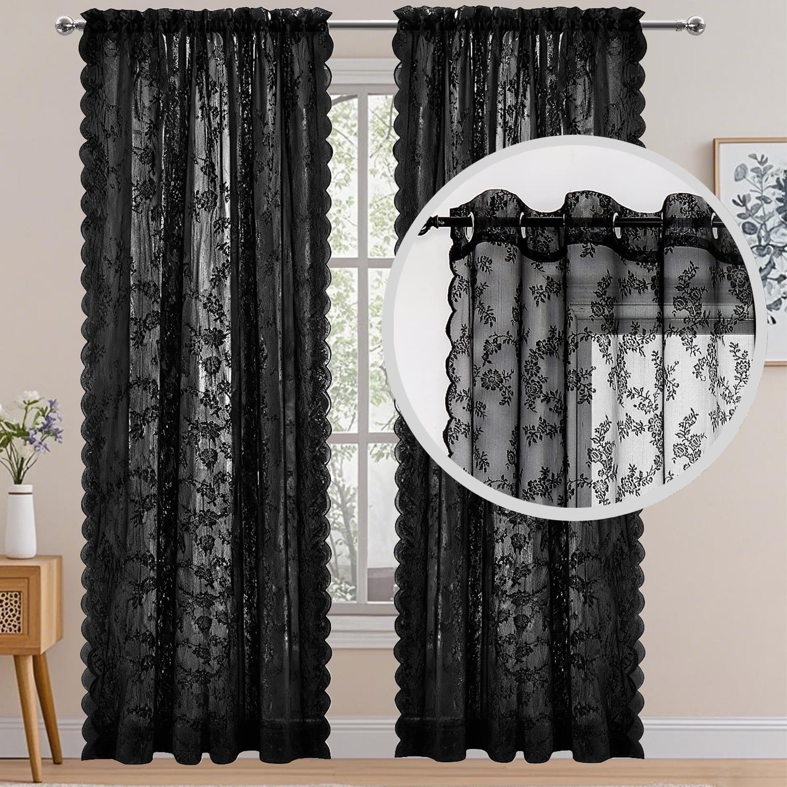2 Panels Lace Curtains 39" x 79" - Rustic Floral Branch Leaf Pattern ...