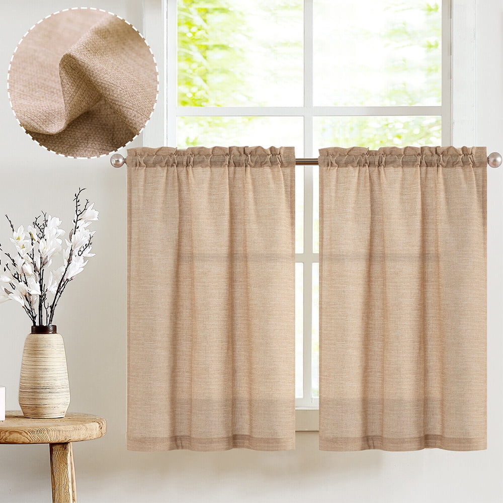 2 Panels Linen Flax Textured Light Filtering Short Curtains for Small ...