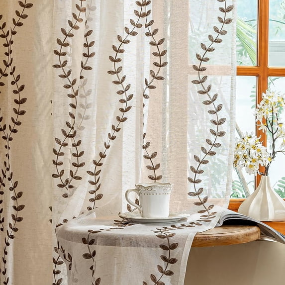2 Panels Linen Leaf String Floral Embroidered Semi Sheer Curtain ...
