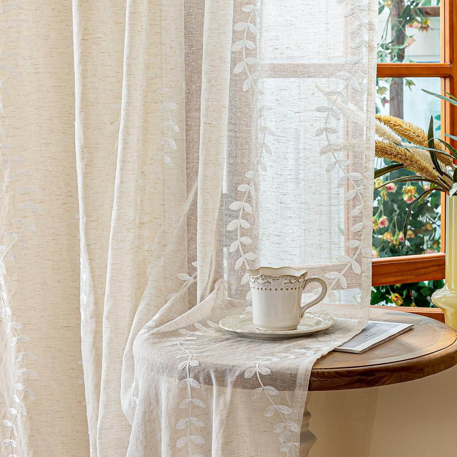 2 Panels Linen Leaf String Floral Embroidered Semi Sheer Curtain ...