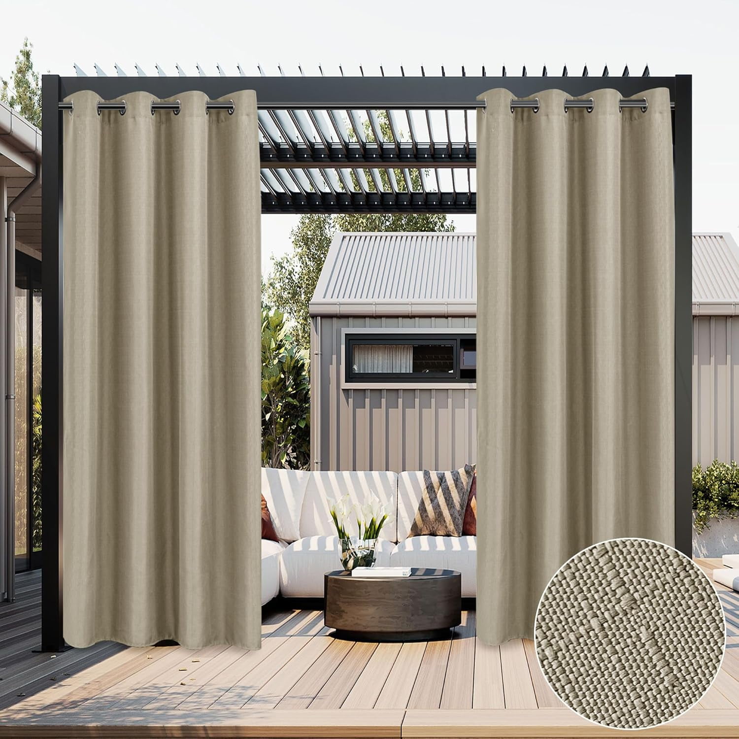 2 Panels Linen Outdoor Curtains for Patio Waterproof Taupe Curtains 54 ...