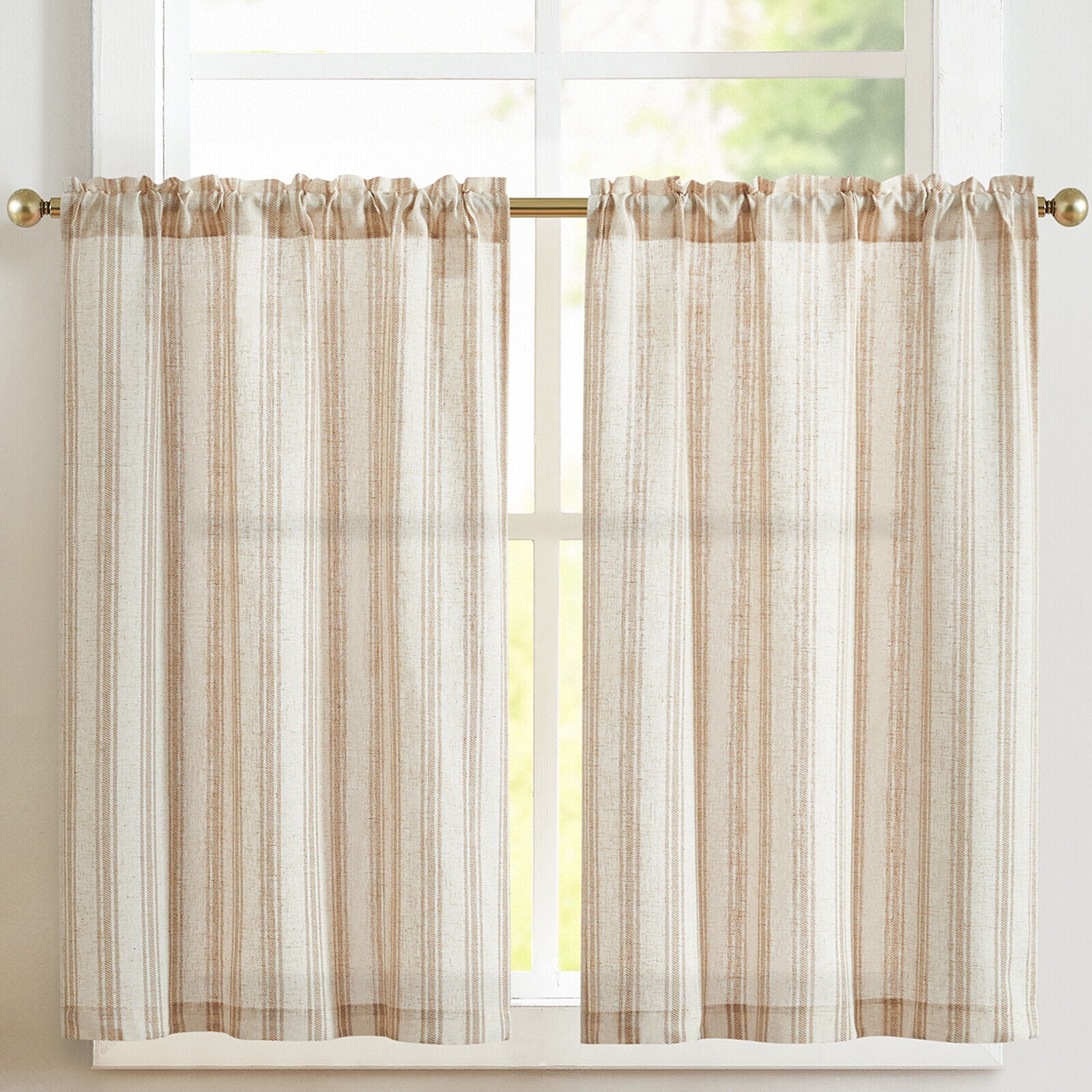 2 Panels Linen Tier Cafe Curtains Stripe Print Kitchen Curtain Rod ...