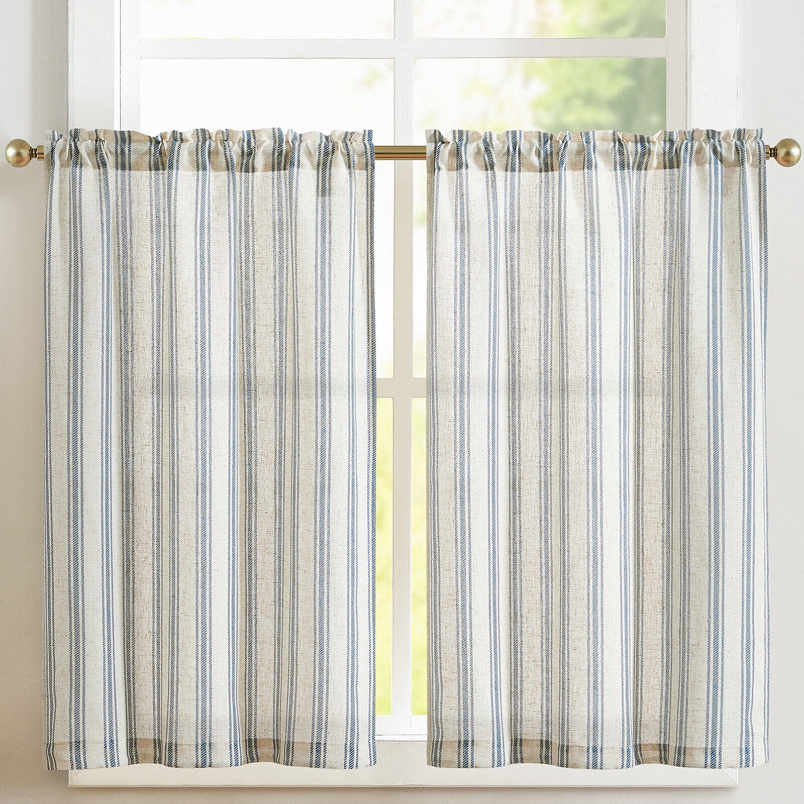 2 Panels Linen Tier Cafe Curtains Stripe Print Kitchen Curtain Rod ...