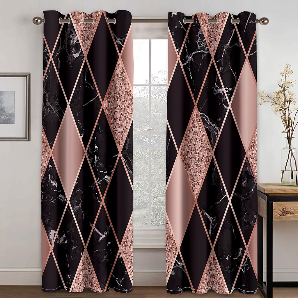 2 Panels Luxurious Black Gold Curtains Abstract Geometric Curtains for ...