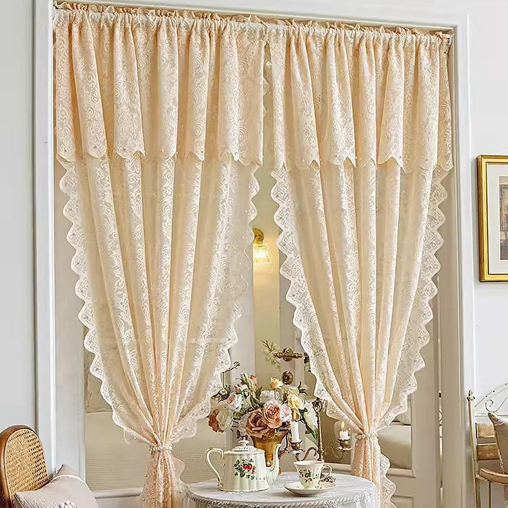 2 Panels Luxury Floral Lace Sheer Curtains with Valance for Living Room ...