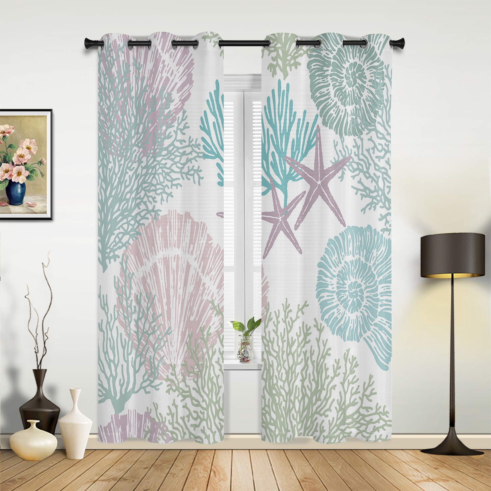 2 Panels Marine Coral Shell Starfish Curtains for Bedroom Living Room ...