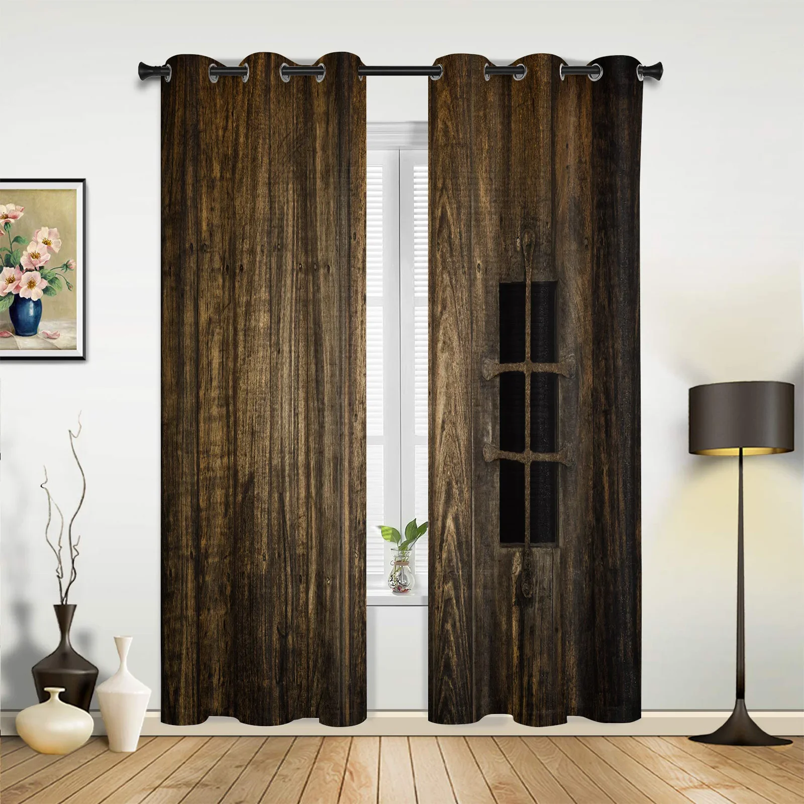 2 Panels Medieval Wooden Wall Windows Old Brown Building Curtains for ...