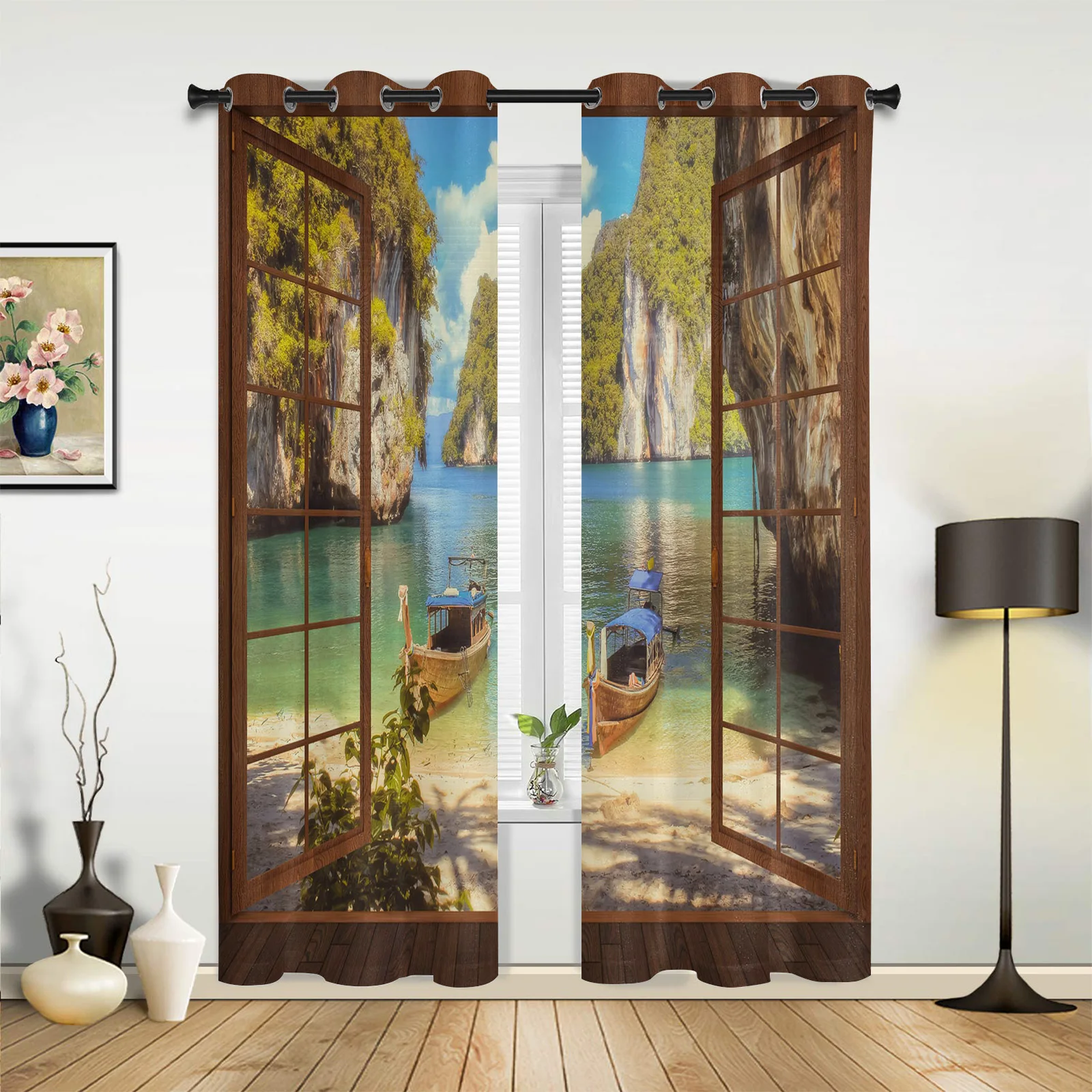 2 Panels Medieval Wooden Wall Windows Old Brown Building Curtains for ...