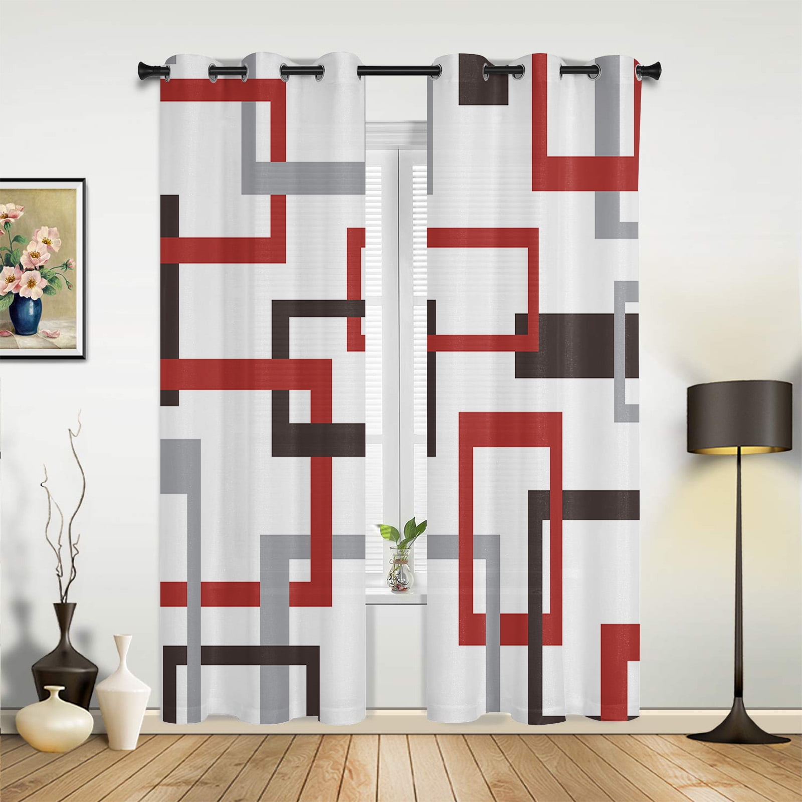 2 Panels Mid Century Modern Abstract Geometric Red White Curtains for ...