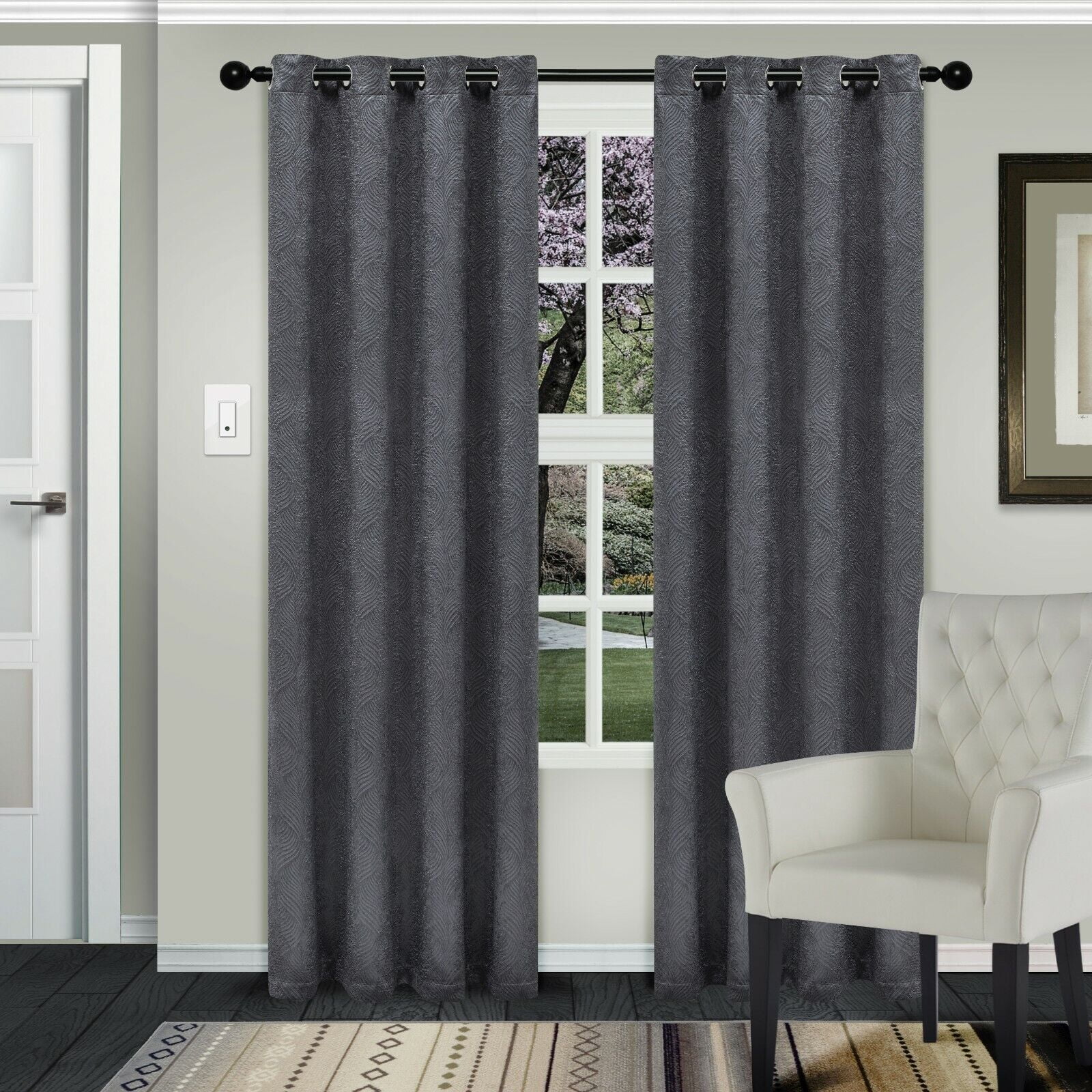 2 Panels Modern Geometric Room Darkening Blackout Grommet Window Curtains with Jacquard Woven ...