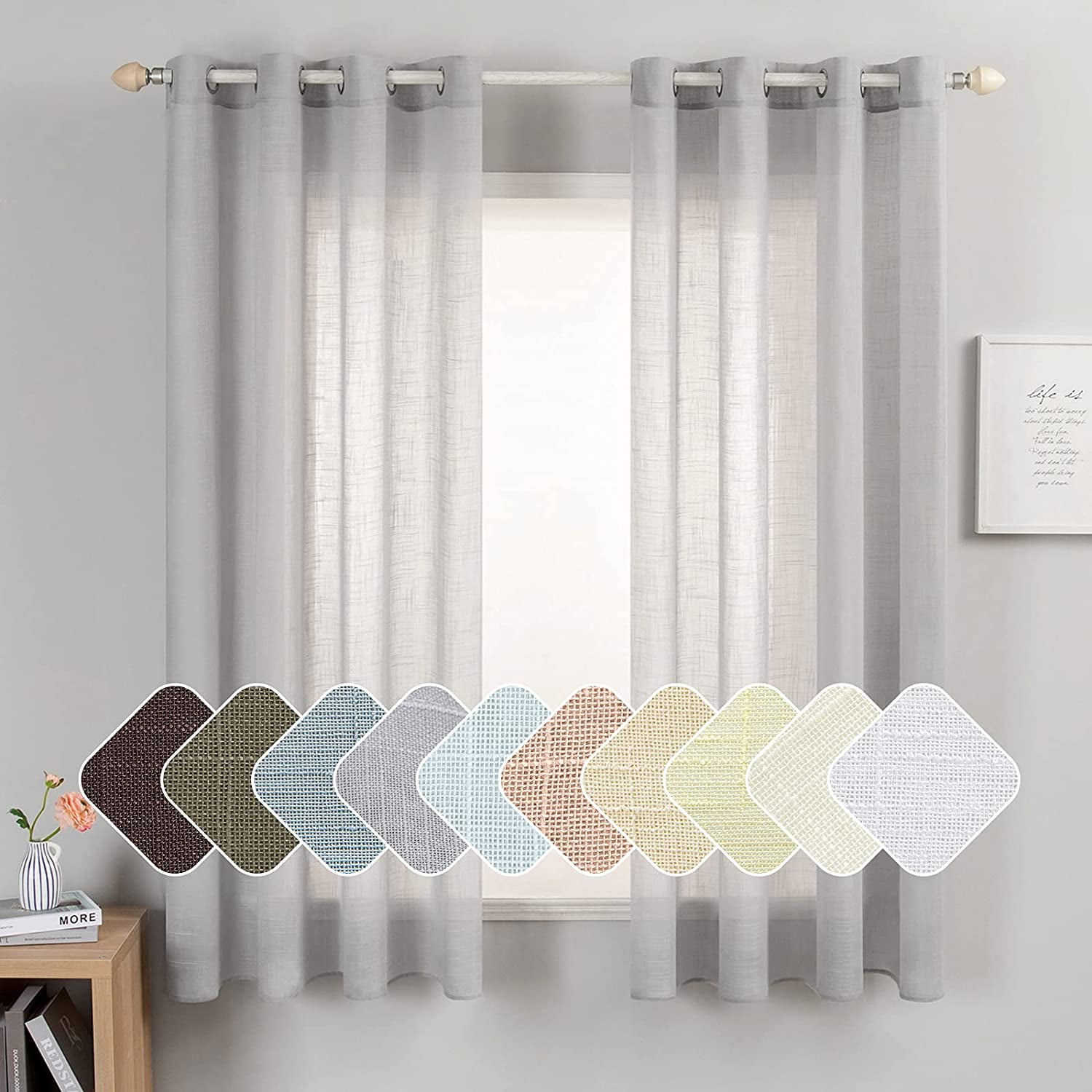 2 Panels Natural Linen Semi Sheer Window Curtains Elegant Solid Light ...