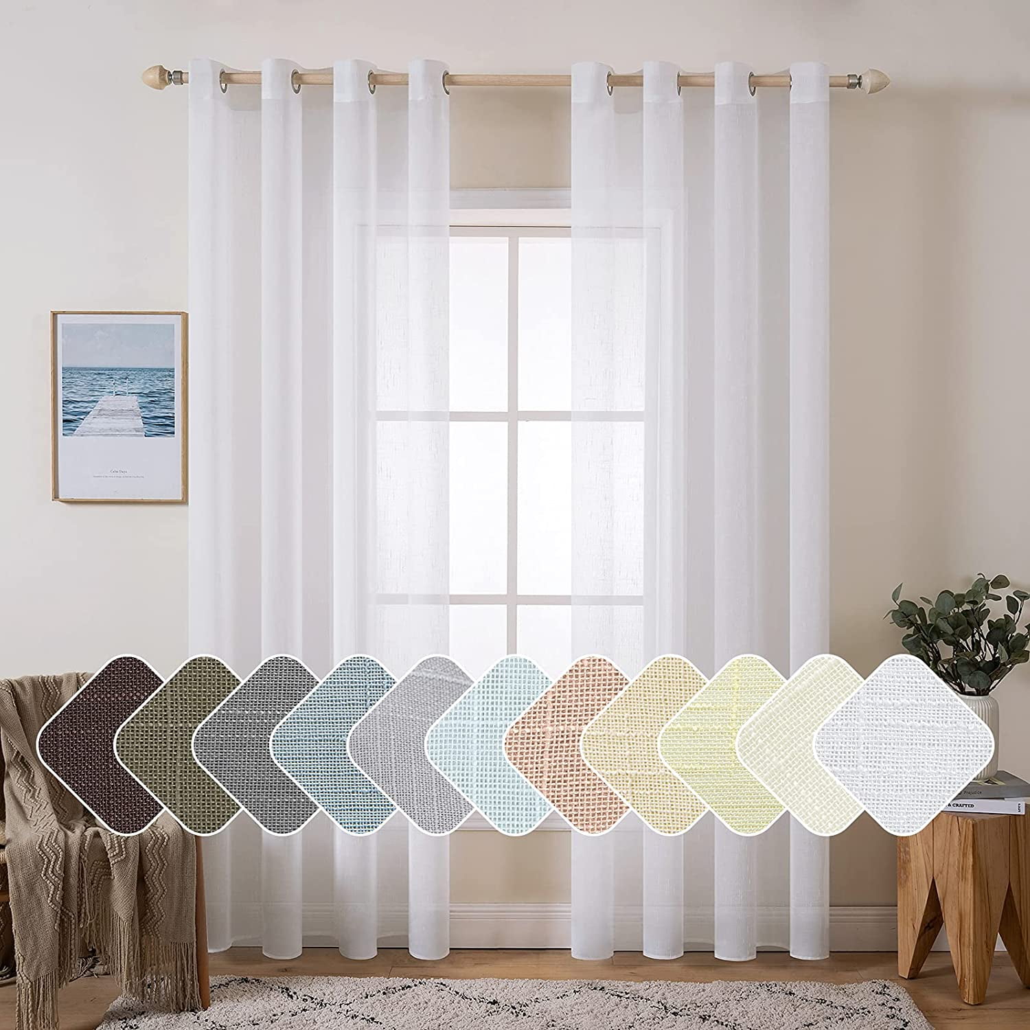 2 Panels Natural Linen Sheer Window Curtains Elegant Solid White Drapes ...