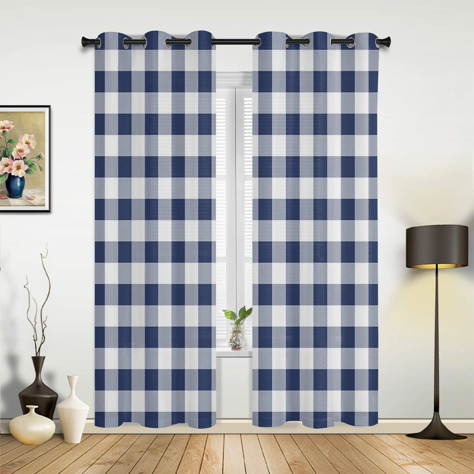 2 Panels Navy Blue Lattice Idyllic Style Plaid Curtains for Bedroom ...
