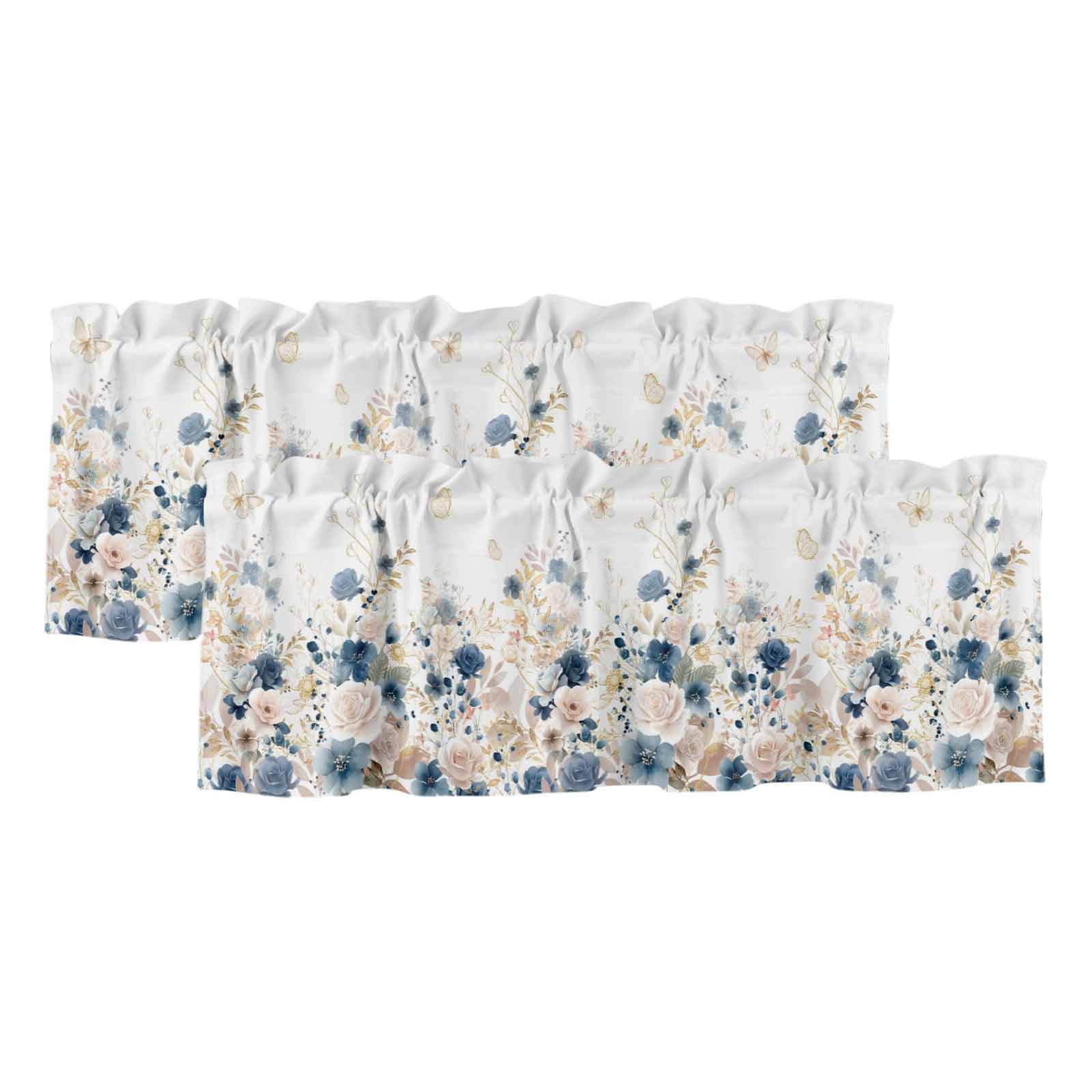 2 Panels Navy Blue Spring Floral Valance for Windows, Elegant Pastoral ...