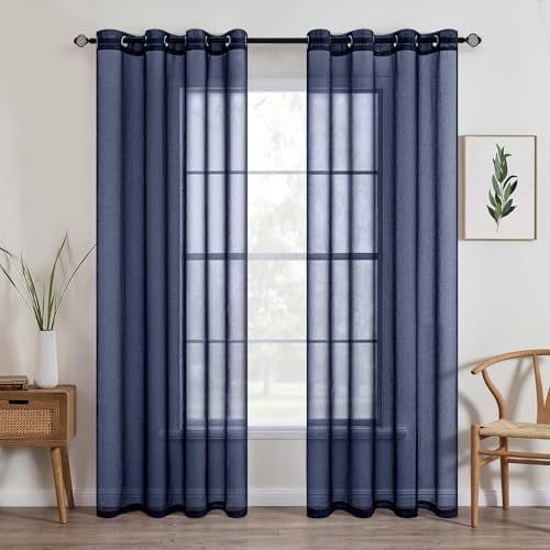 2 Panels Navy Dark Blue Sheer Window Curtains Elegant Grommet Top ...
