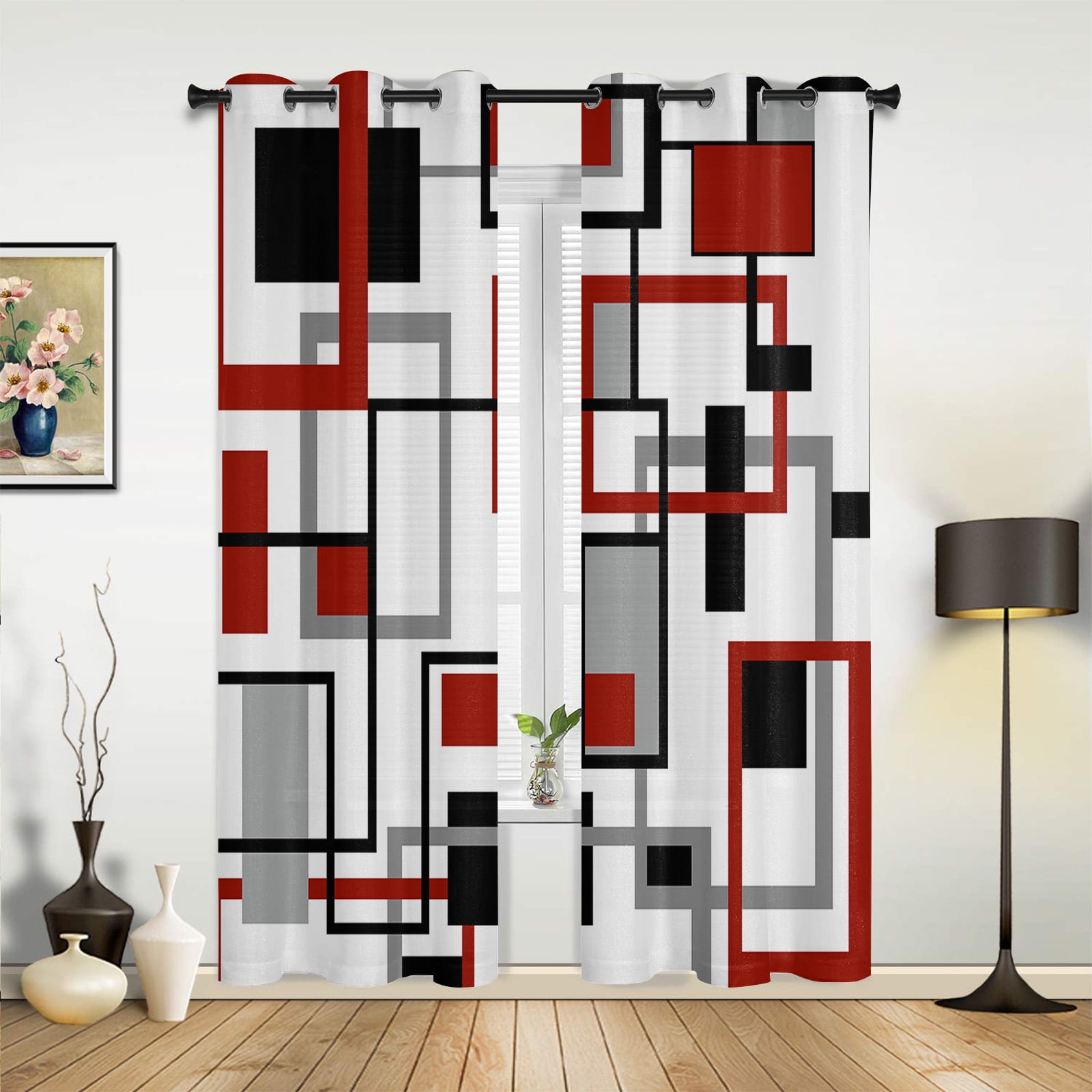 2 Panels Nordic Retro Medieval Geometric Abstract Red Curtains for ...