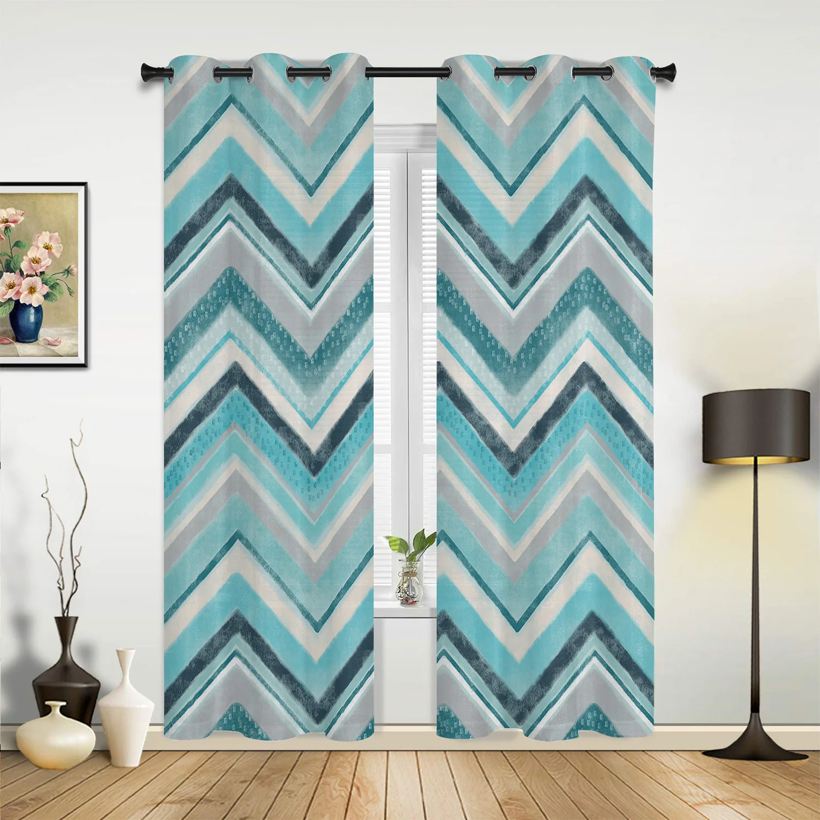2 Panels Nordic Style Stripes Turquoise Curtains for Bedroom Living ...