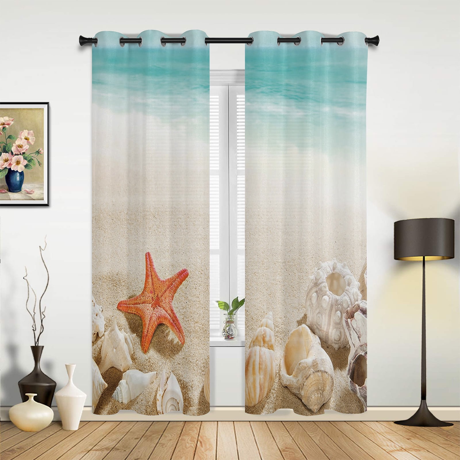 2 Panels Ocean Beach Starfish Shell Curtains for Bedroom Living Room ...