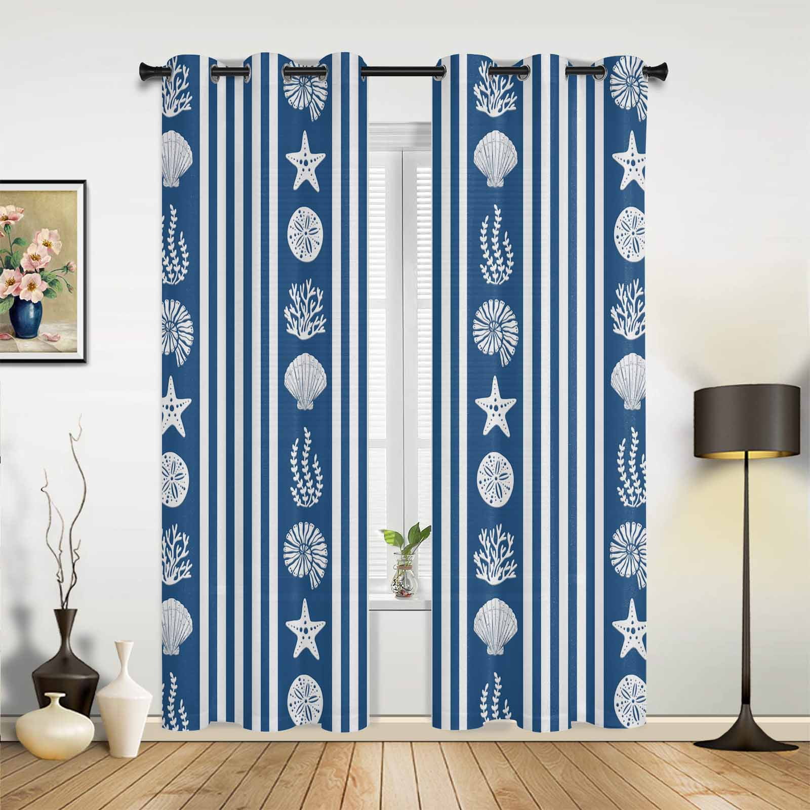 2 Panels Ocean Striped Starfish Seashell Jellyfish Corals Blue Curtains ...
