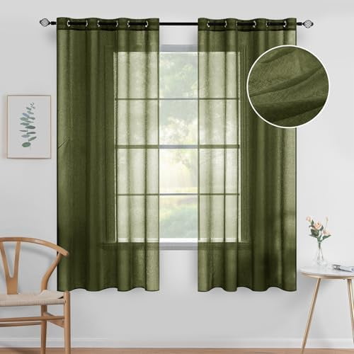 2 Panels Olive Green Semi Sheer Window Curtains Elegant Grommet Top ...