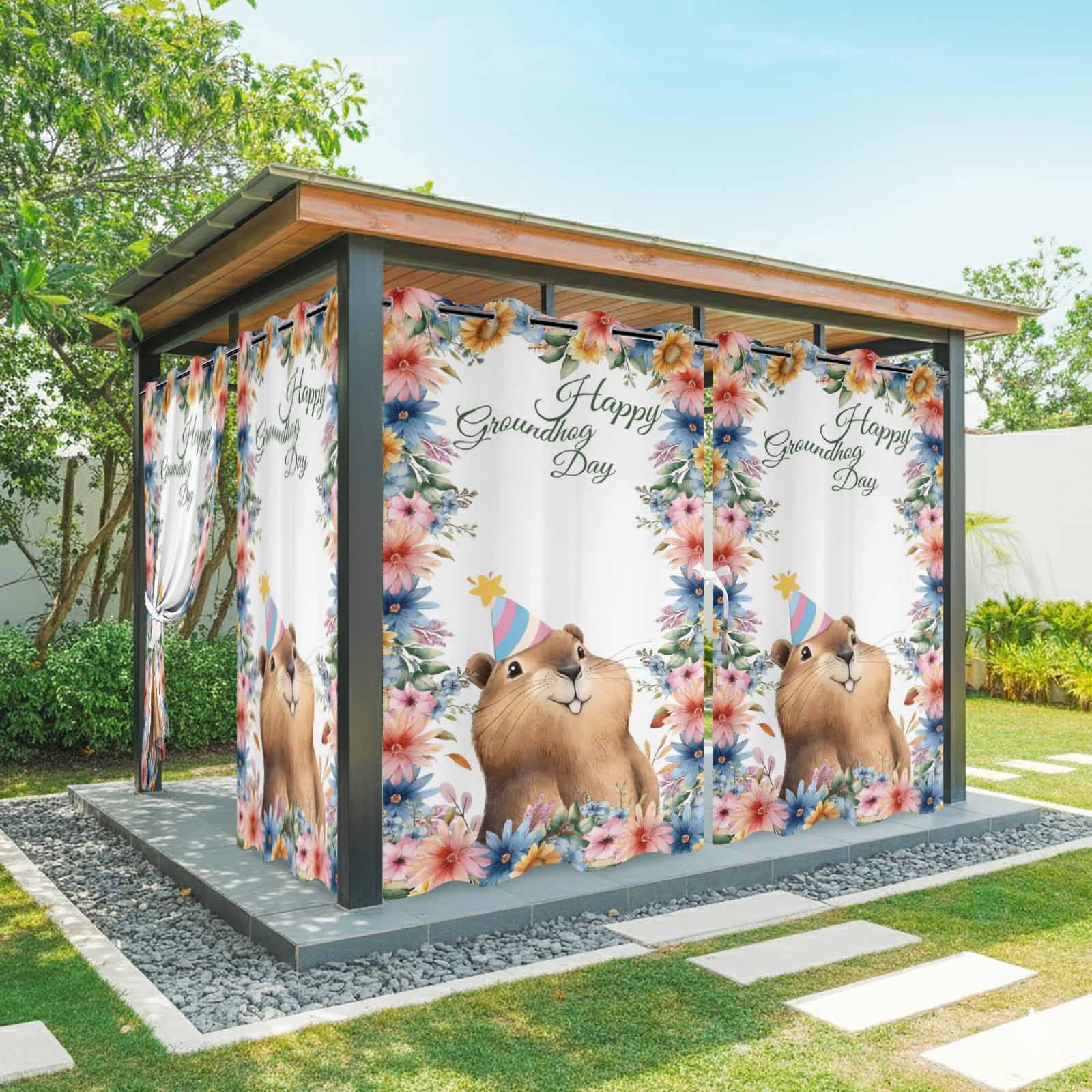 2 Panels Outdoor Curtains for Patio Waterproof 54"x108" Happy Groundhog ...