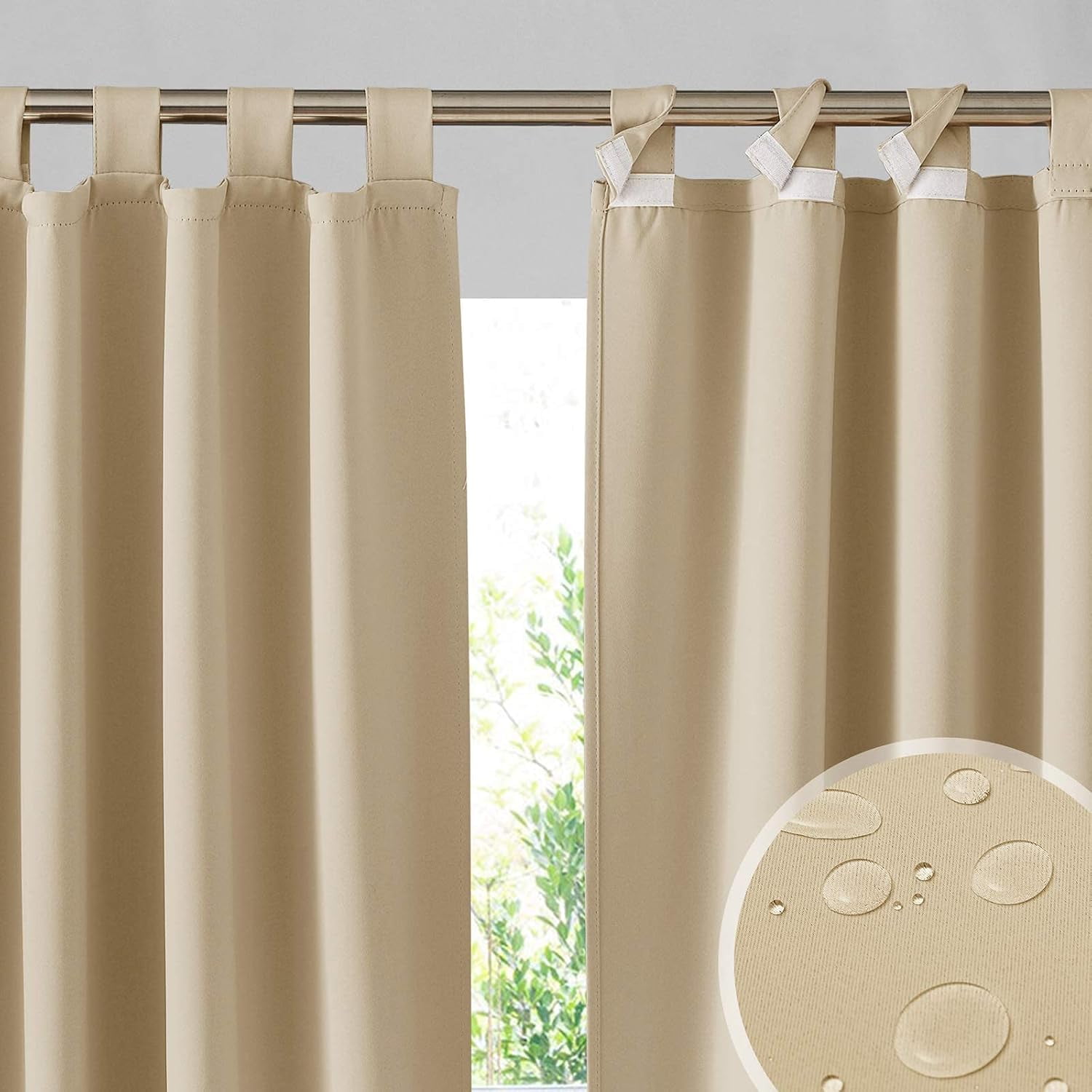 2 Panels Outdoor Curtains, W52 x L84 Inch Beige - Waterproof Sticky Top ...