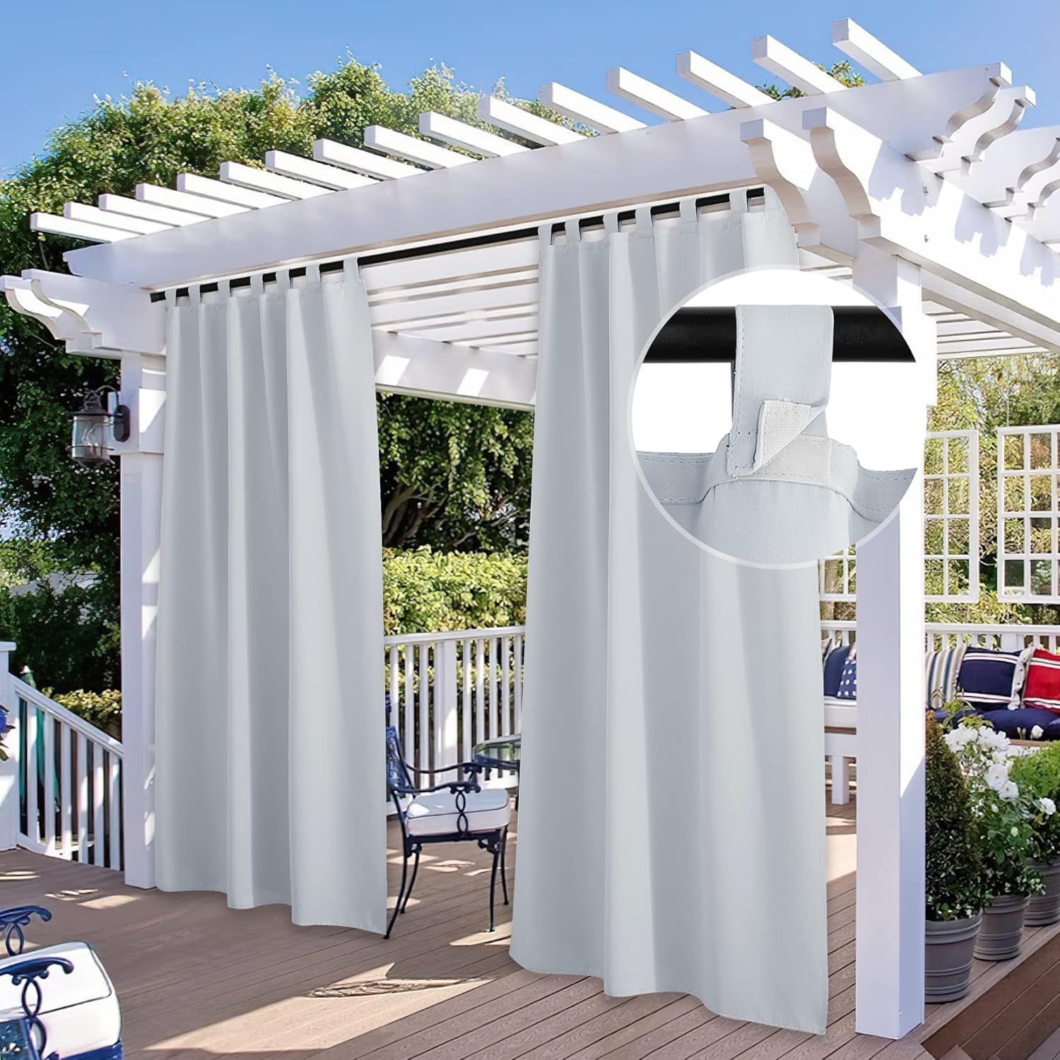 2 Panels Outdoor Curtains - White Tab Top Waterproof Solar Curtain for ...