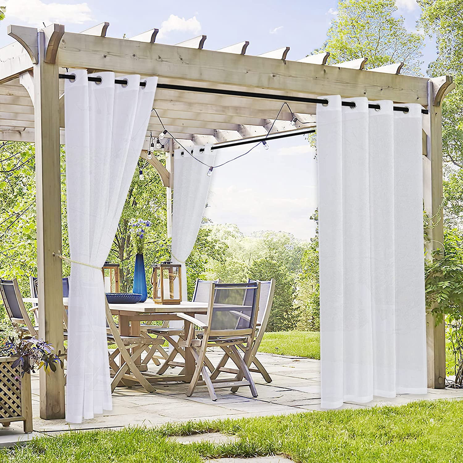 2 Panels Outdoor Curtains for Patio - Linen Look Semi-Sheer Waterproof ...
