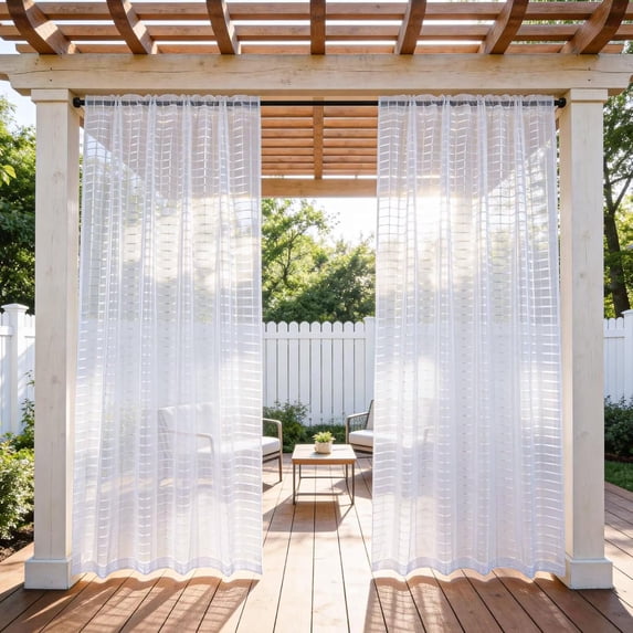 2 Panels Outdoor Sheer Curtains for Patio, Jacquard Check Patio ...