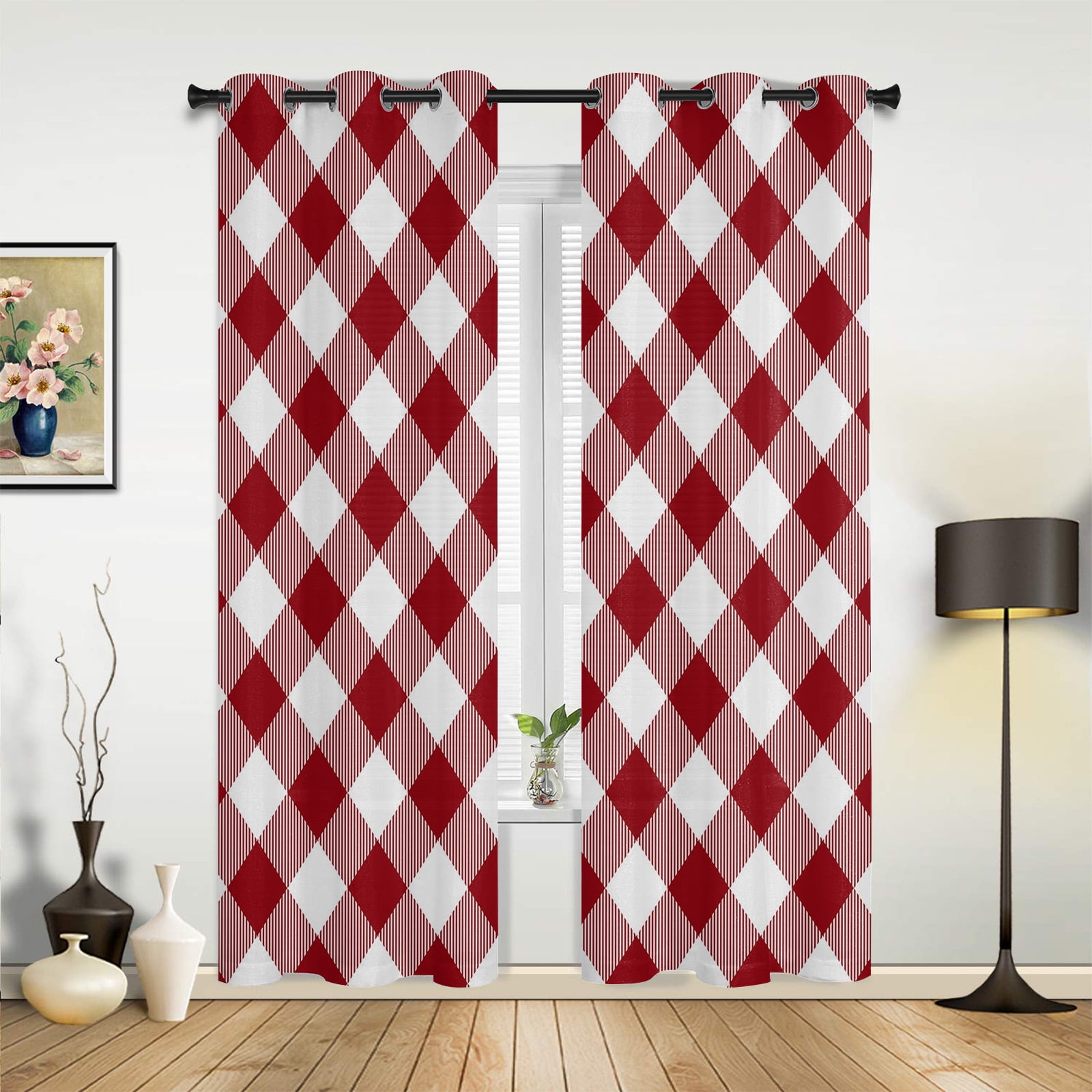 2 Panels Pastoral Style Dark Red Plaid Curtains for Bedroom Living Room ...