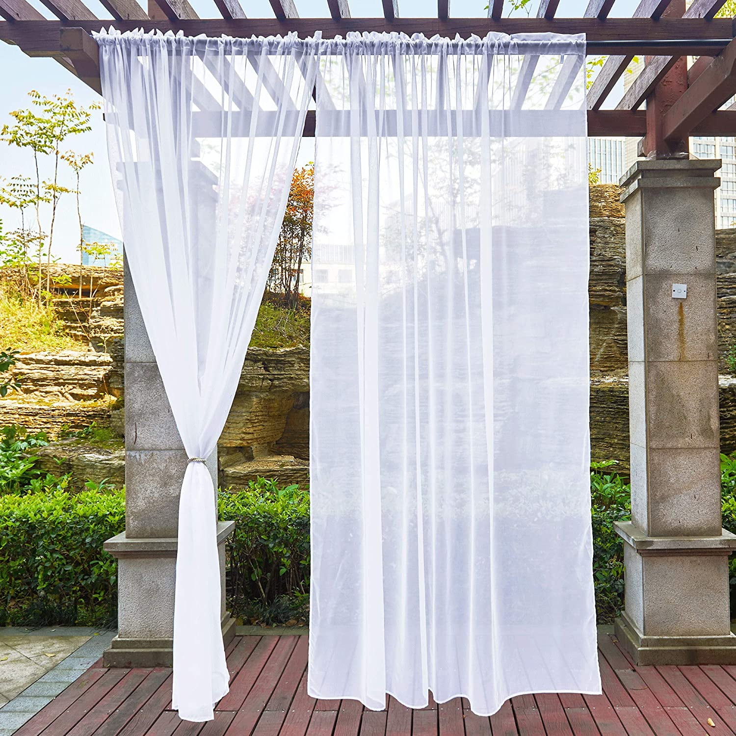 2 Panels Patio Curtains Waterproof for Outdoor Living Voile Sheer ...