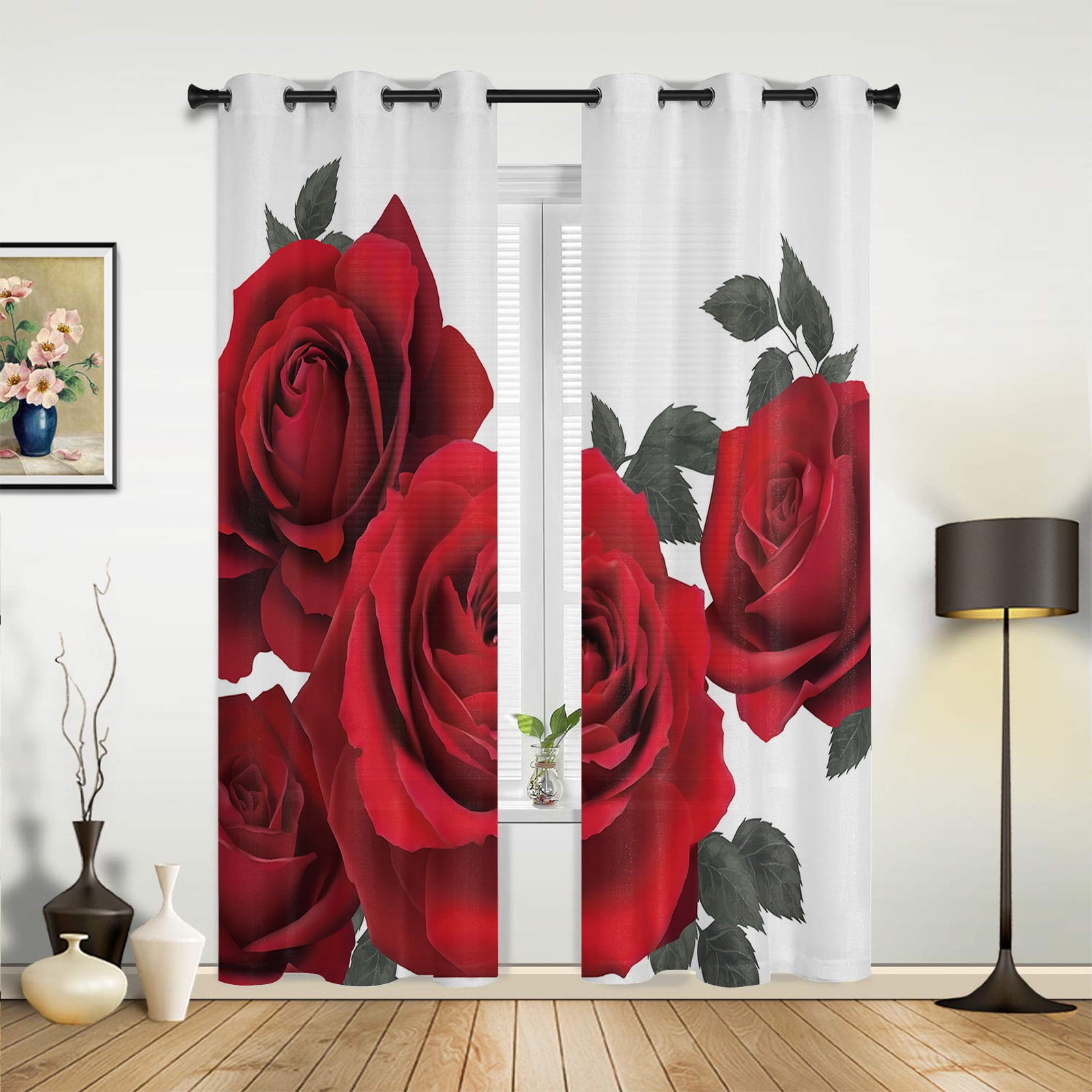 2 Panels Peonies Roses Flower White Curtains for Bedroom Living Room ...