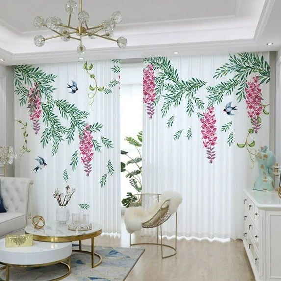 2 Panels Pink Flower Curtain Green Leaf Curtain Butterfly Voile Tulle ...