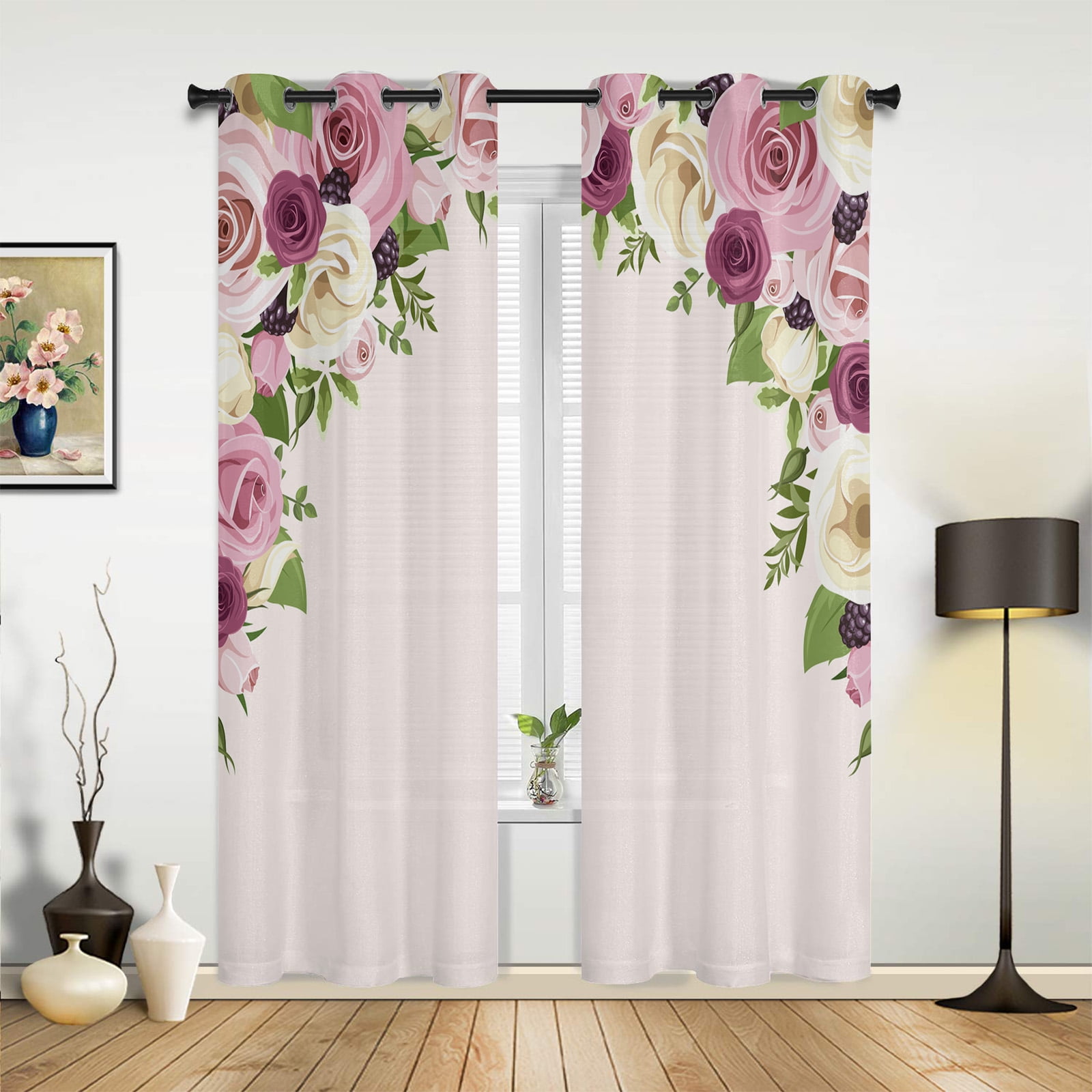 2 Panels Pink Rose Flower Butterfly Curtains for Bedroom Living Room ...
